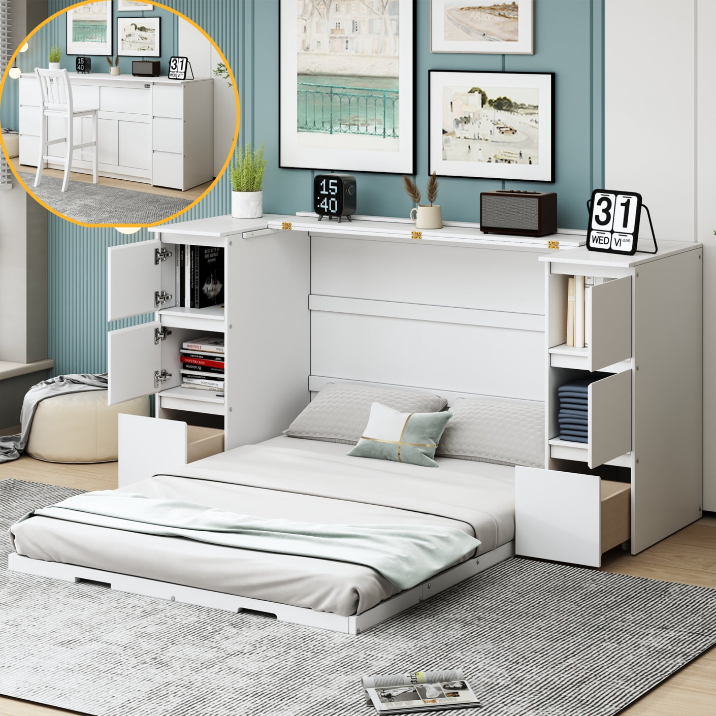 Full Size Murphy Bed with 6 Drawers, Cabinets & 1 Chair, Wall Bed with ...