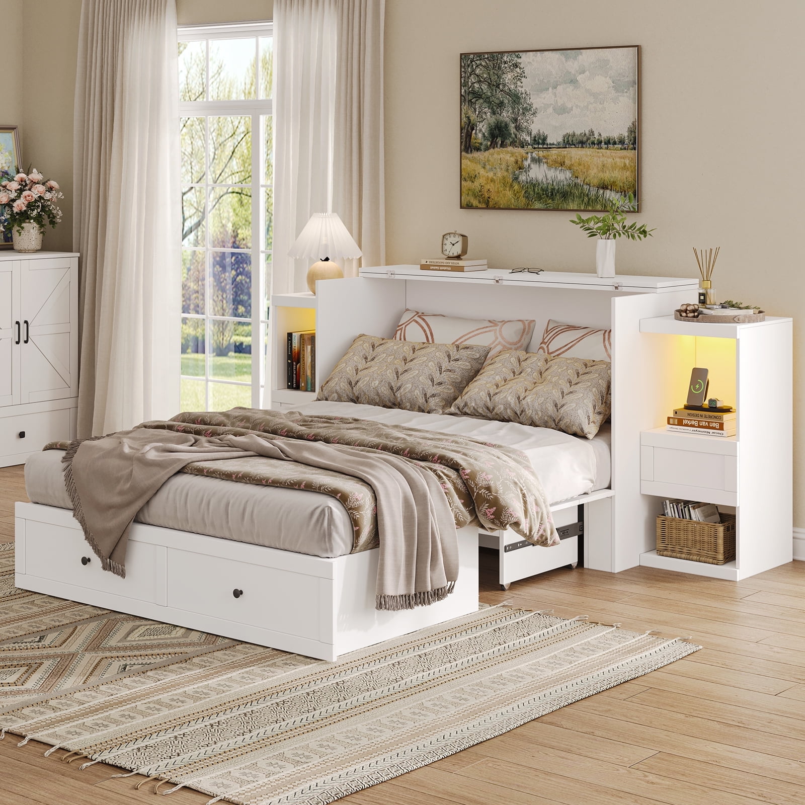 Full Size Murphy Bed with Bedside Tables,Full Size Foldable Cabinet Bed ...