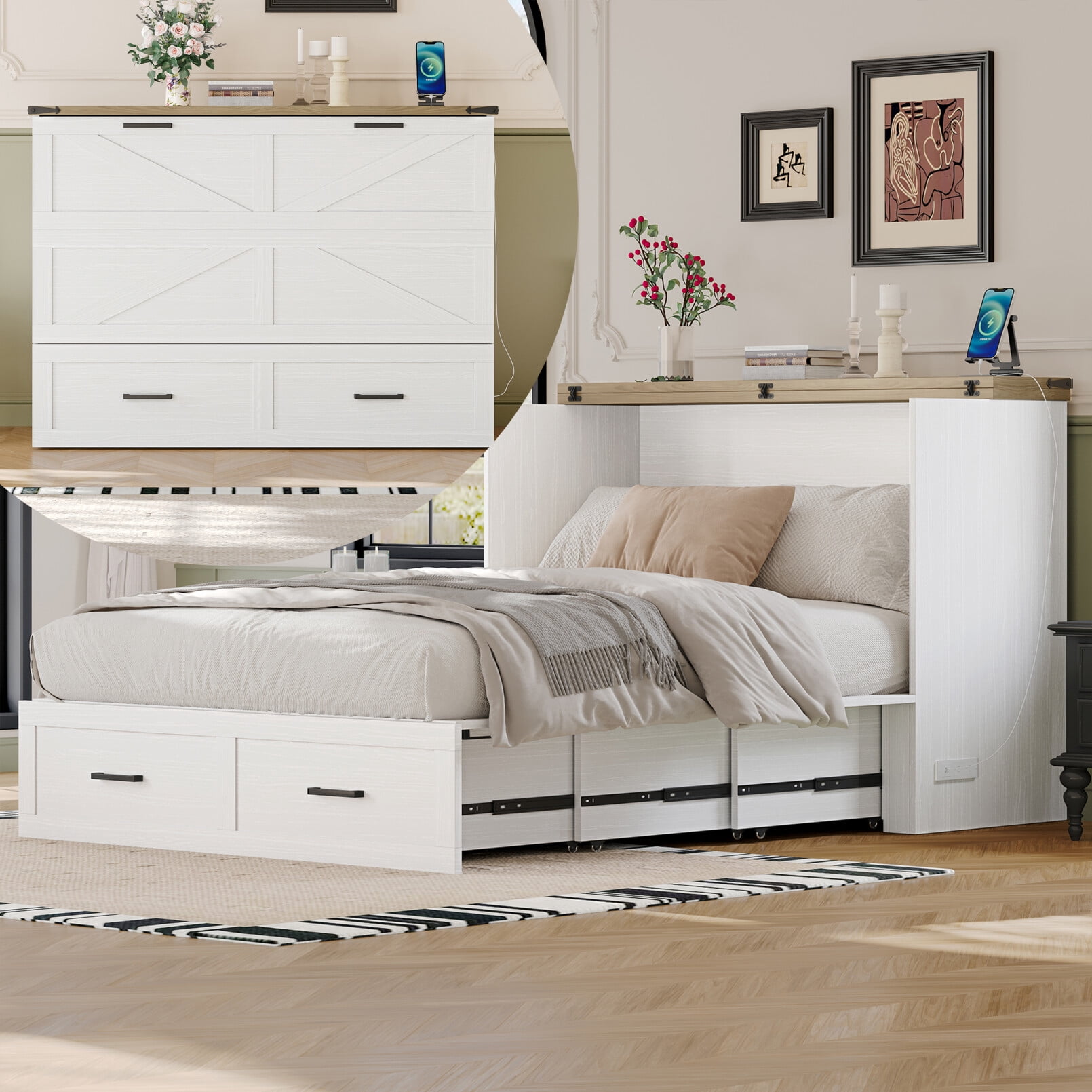 Full Size Murphy Bed with Charging Station and Drawer, Mobile Space ...