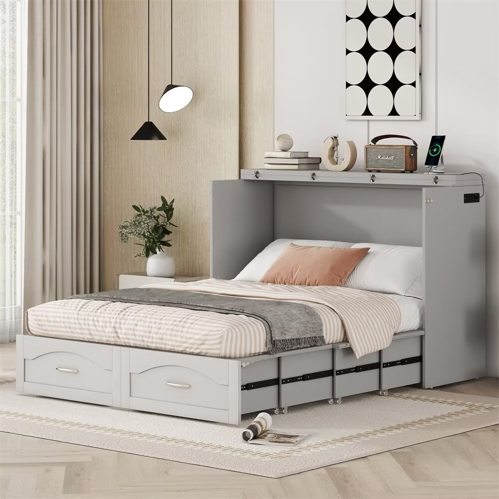 Full Size Murphy Bed with Drawer, Sockets & USB Ports, Wooden Cabinet ...