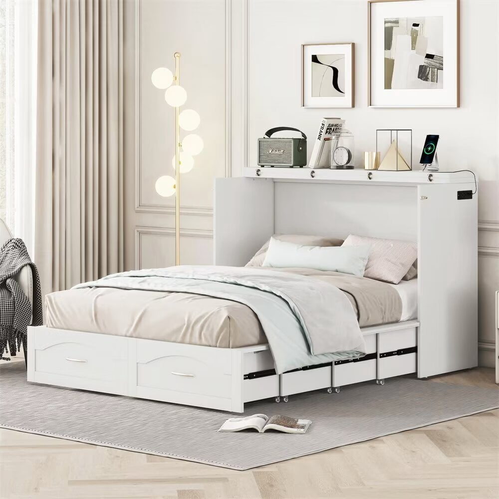 Full Size Murphy Bed with Drawer, Sockets & USB Ports, Wooden Cabinet ...