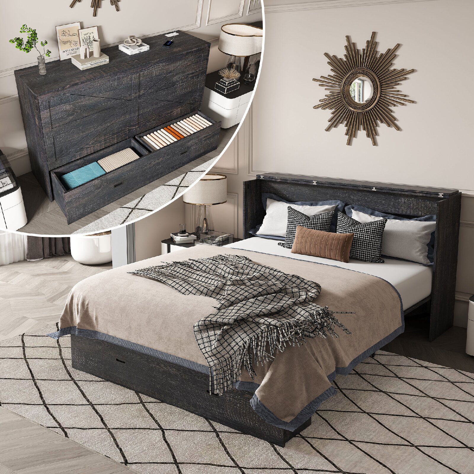 Full Size Murphy Bed Frame Charging Station and Storage Drawers, Hidden ...
