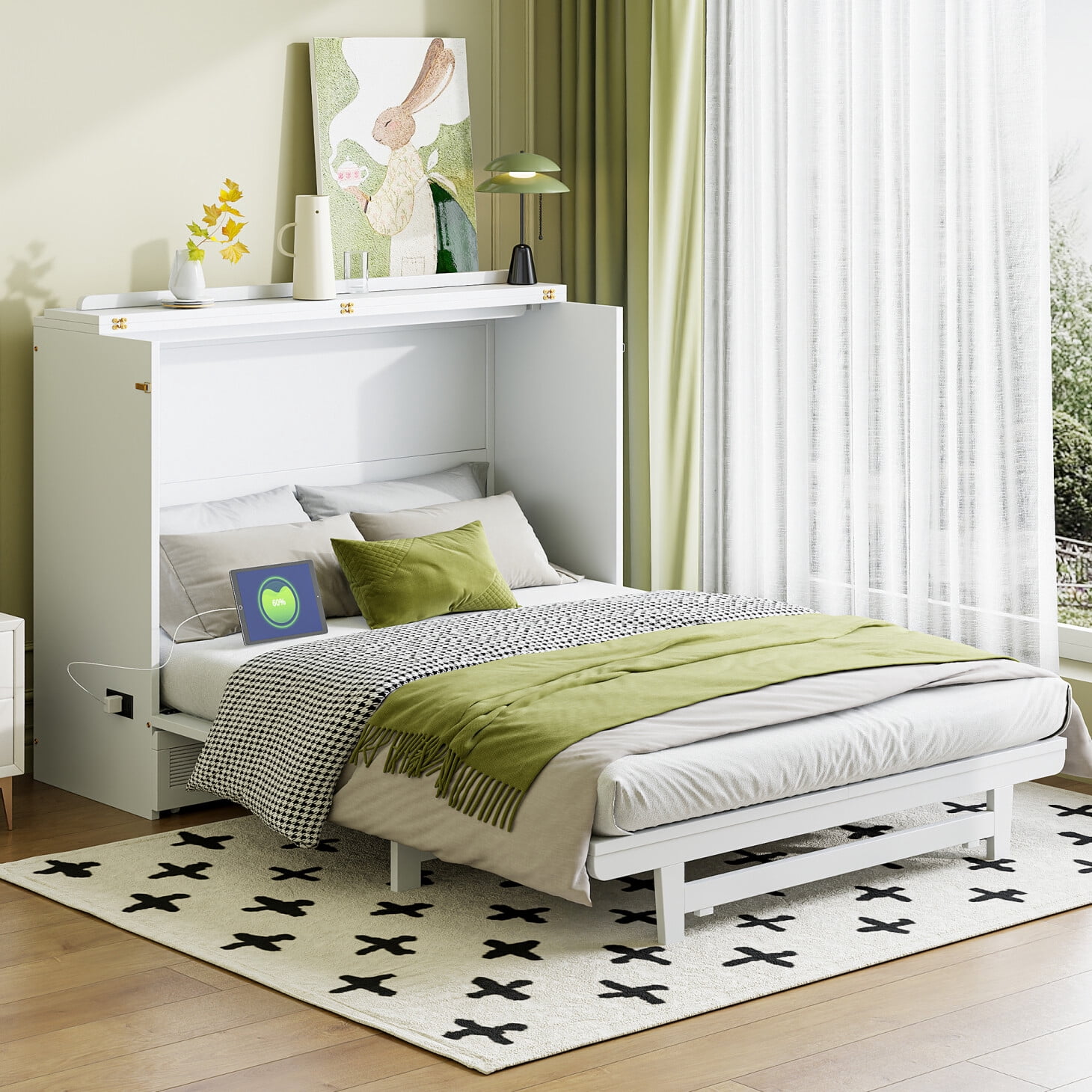 Full Size Murphy Bed Wall Bed with Large Drawer, USB Ports and Outlets ...