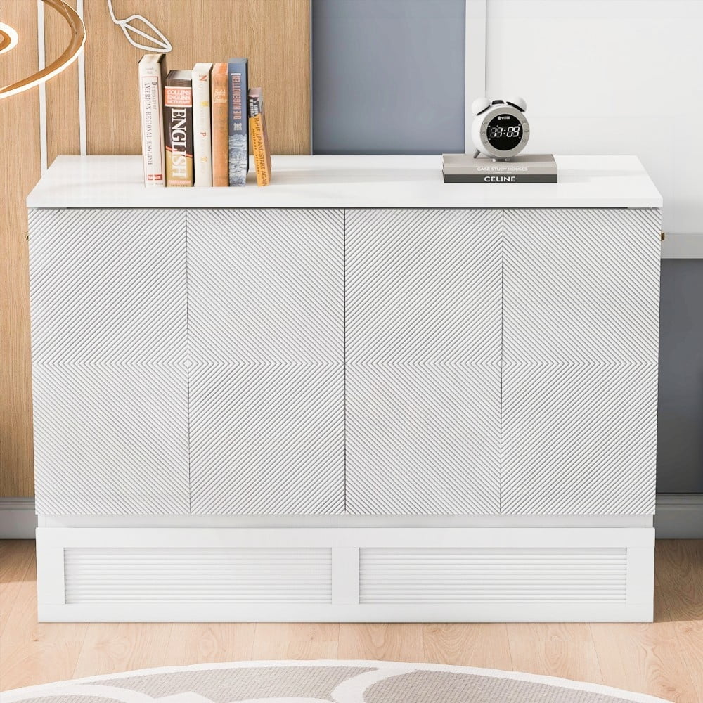 Full Size Murphy Bed in White with Drawer, USB & Socket Set, Pulley ...