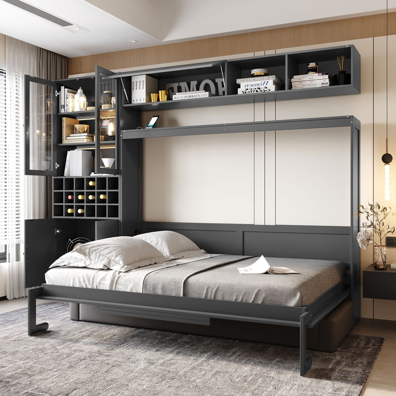 Full Size Murphy Bed with Sofa, Wall Bed with Shelves, USB Ports and ...