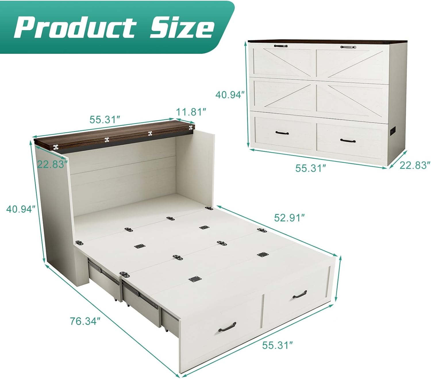 Full Size Murphy Chest Bed with Drawer and Charging Station, Farmhouse ...