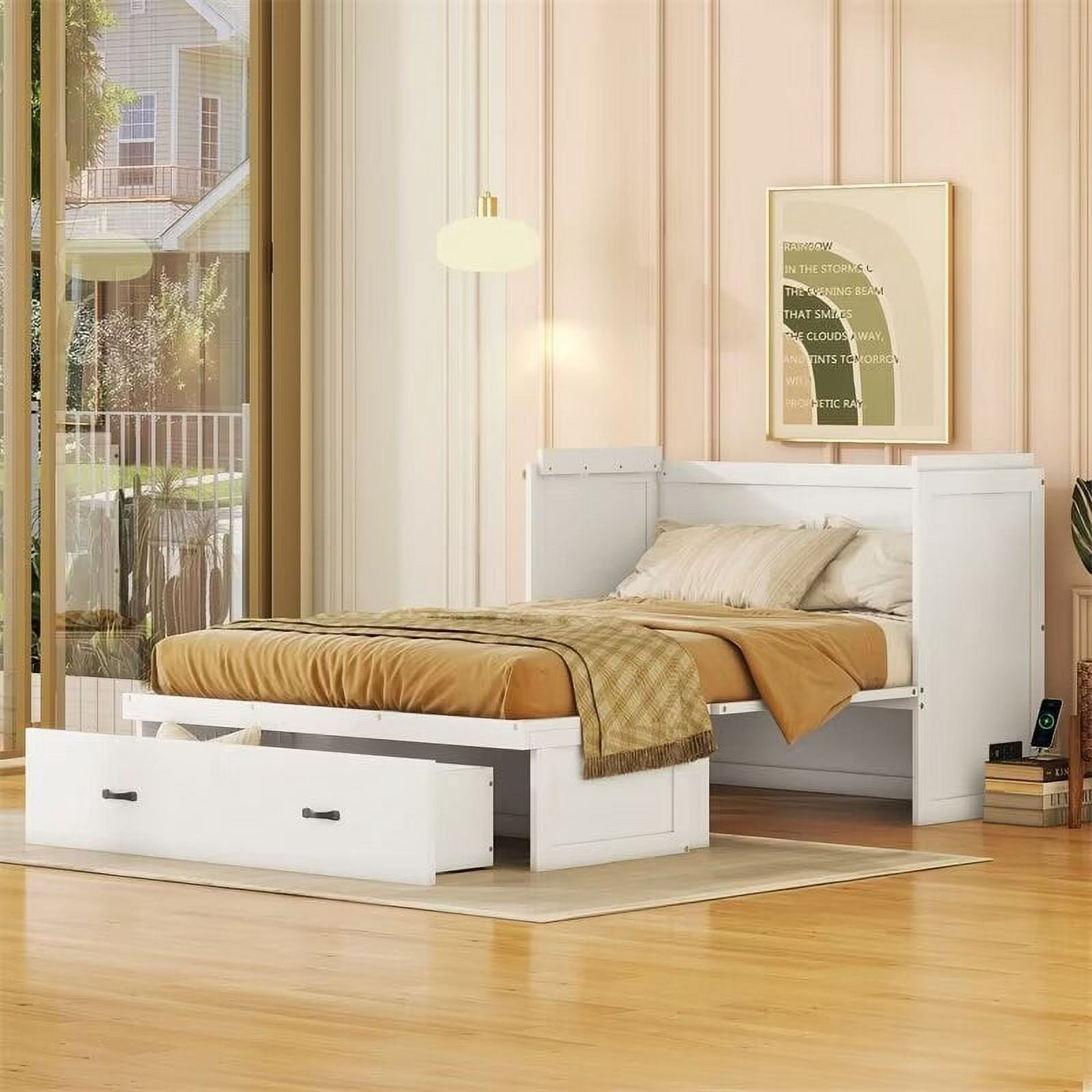 Full Size Murphy Wall Bed with USB Port and a Large Drawer, Solid Wood ...