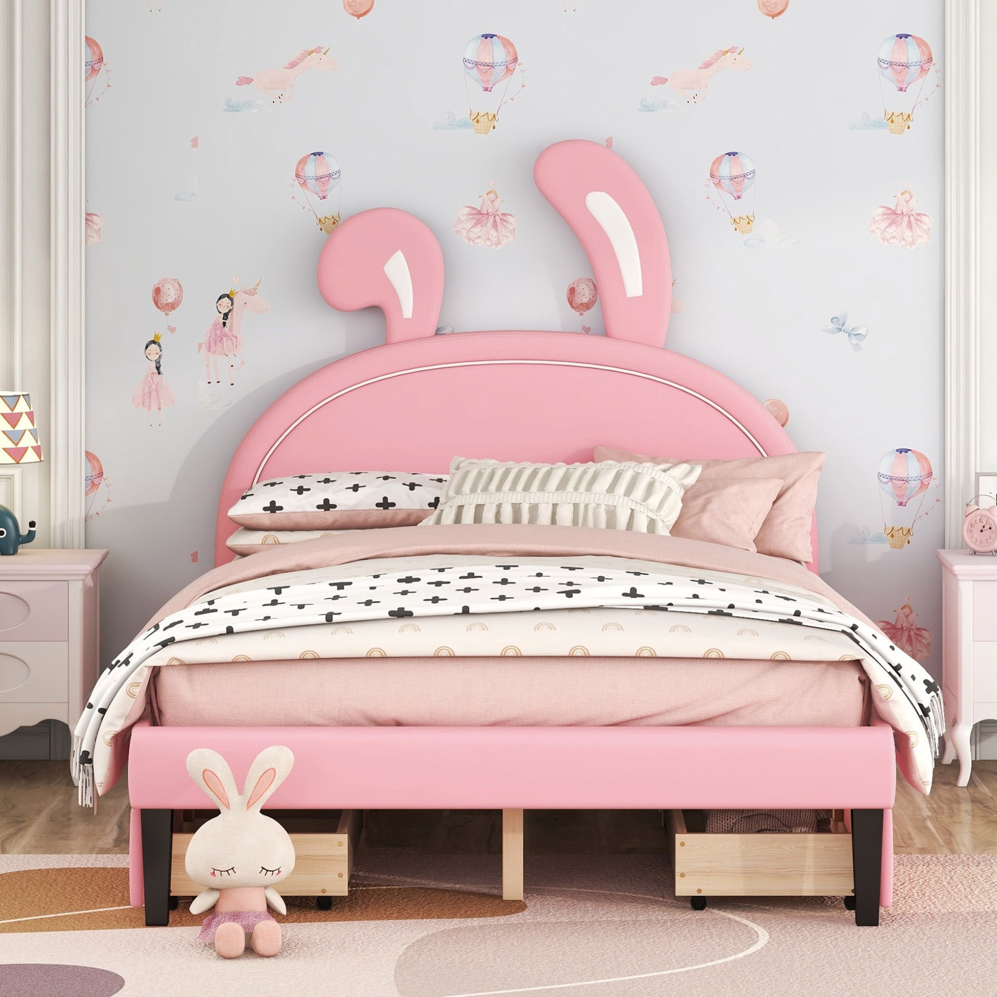 Full Size PU Leather Platform Bed with Bunny Ears Headboard ...