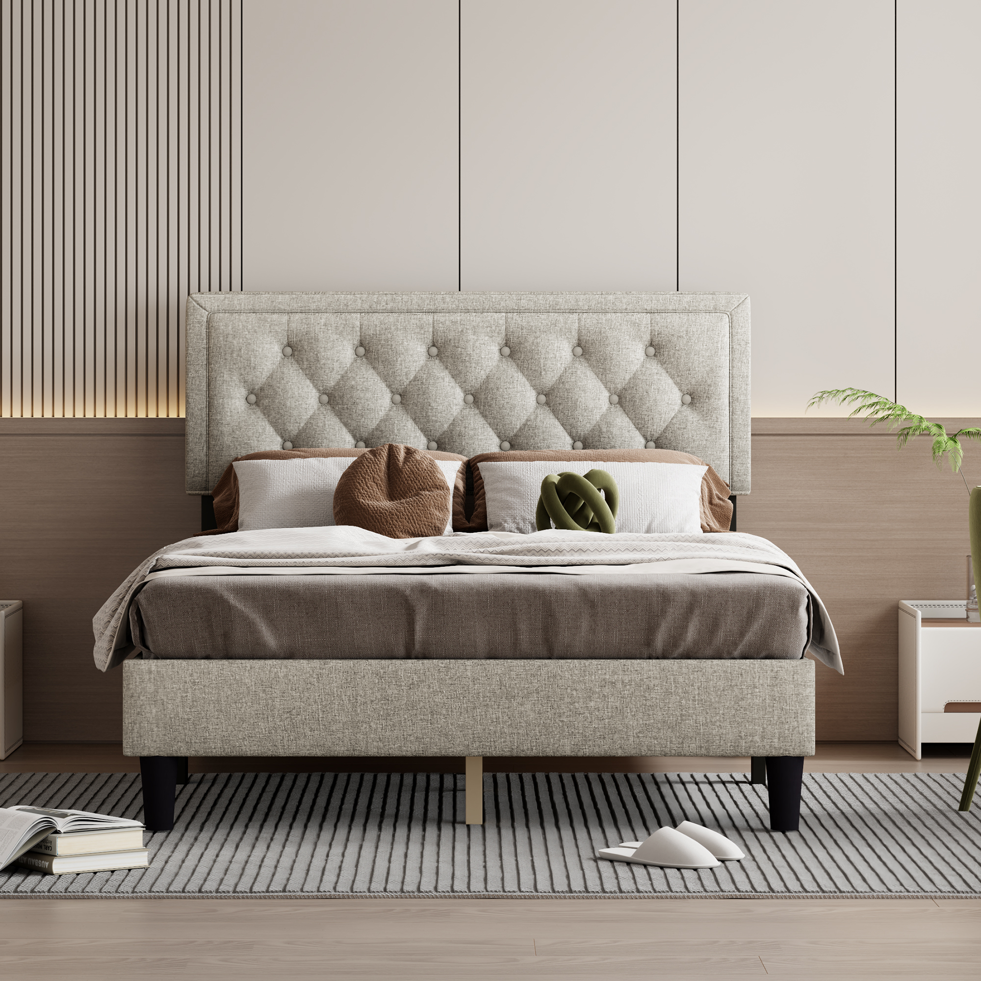 Full Size Panel Bed Frame with Button-Tufted Headboard - Linen ...