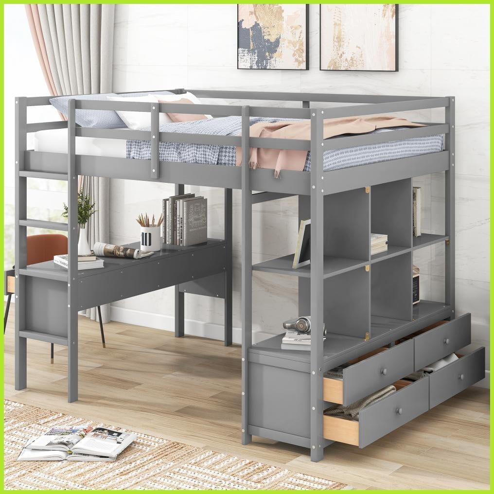 Full Size Pine Wood Loft Bed with Built-in Desk & Storage, Gray – No ...