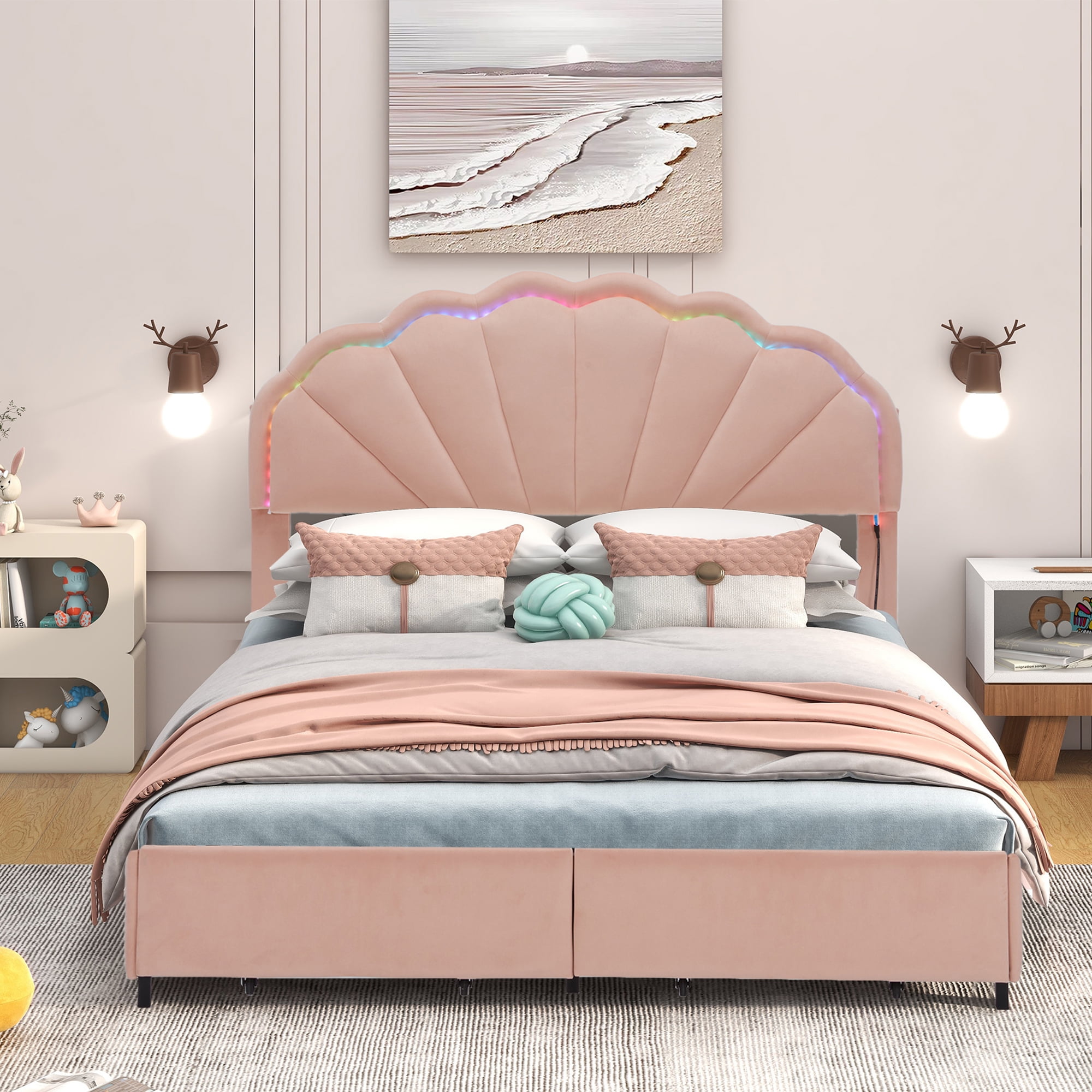 Full Size Pink Velvet LED Bed Frame w/ 2 Drawers - Modern Bedroom Platform Bed, 77"x56", Smart ...