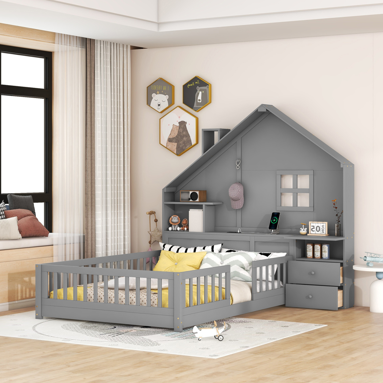Full Size Platform Bed with 2 Drawers and Window,House Shaped Bedframe ...