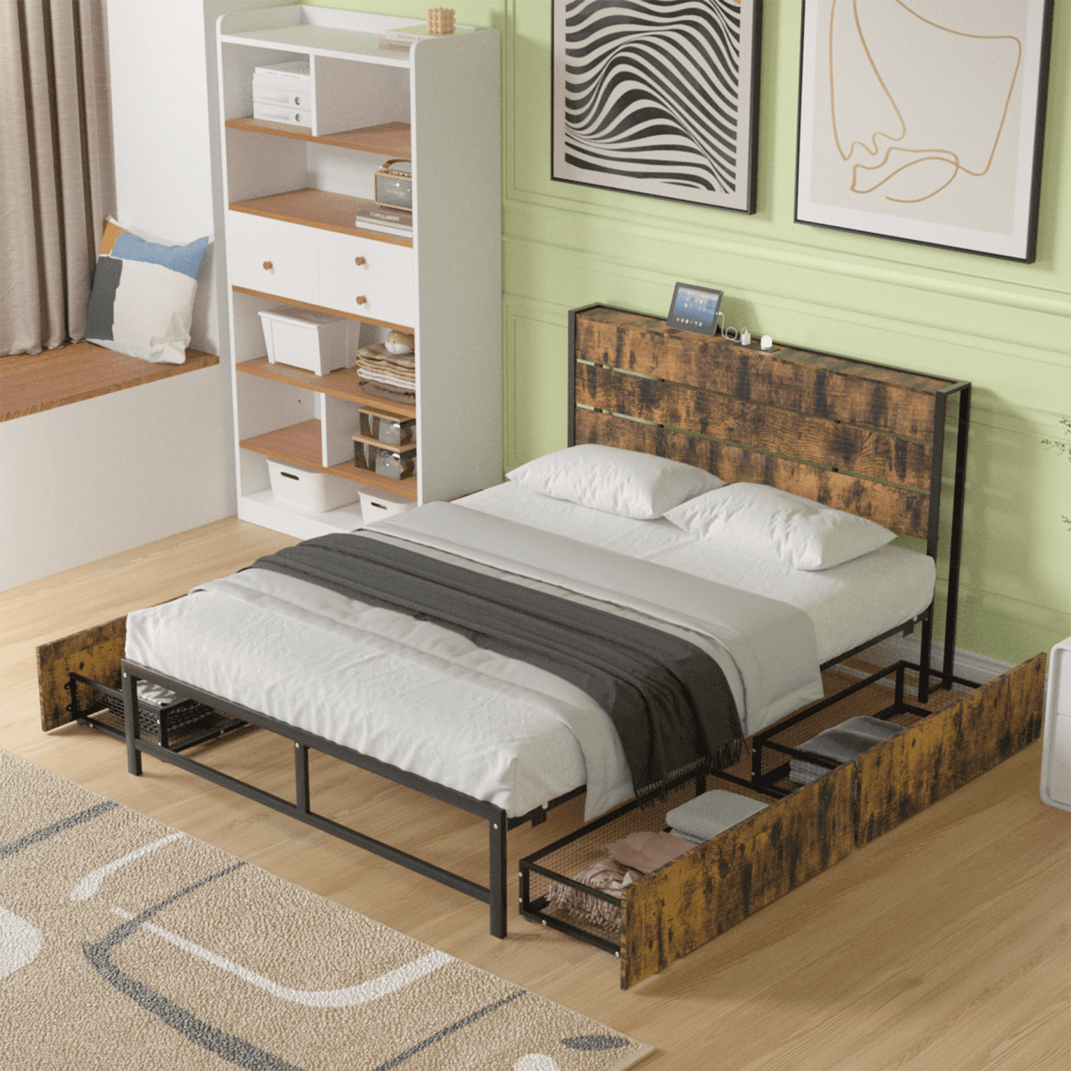 Full Size Platform Bed with 4 Drawers, Metal Storage Bed with Wooden ...