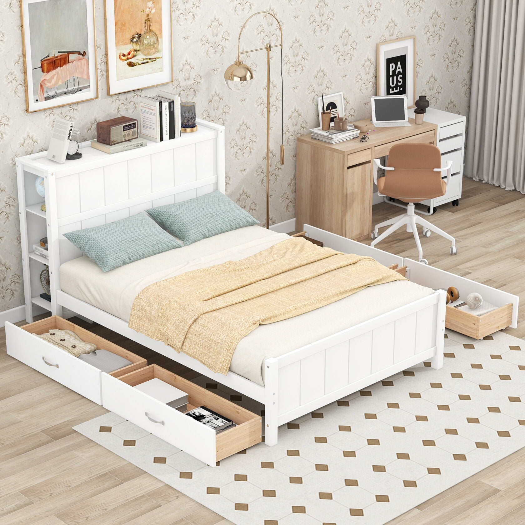 Full Size Platform Bed with 4 Drawers and Storage Shelves, Wooden ...