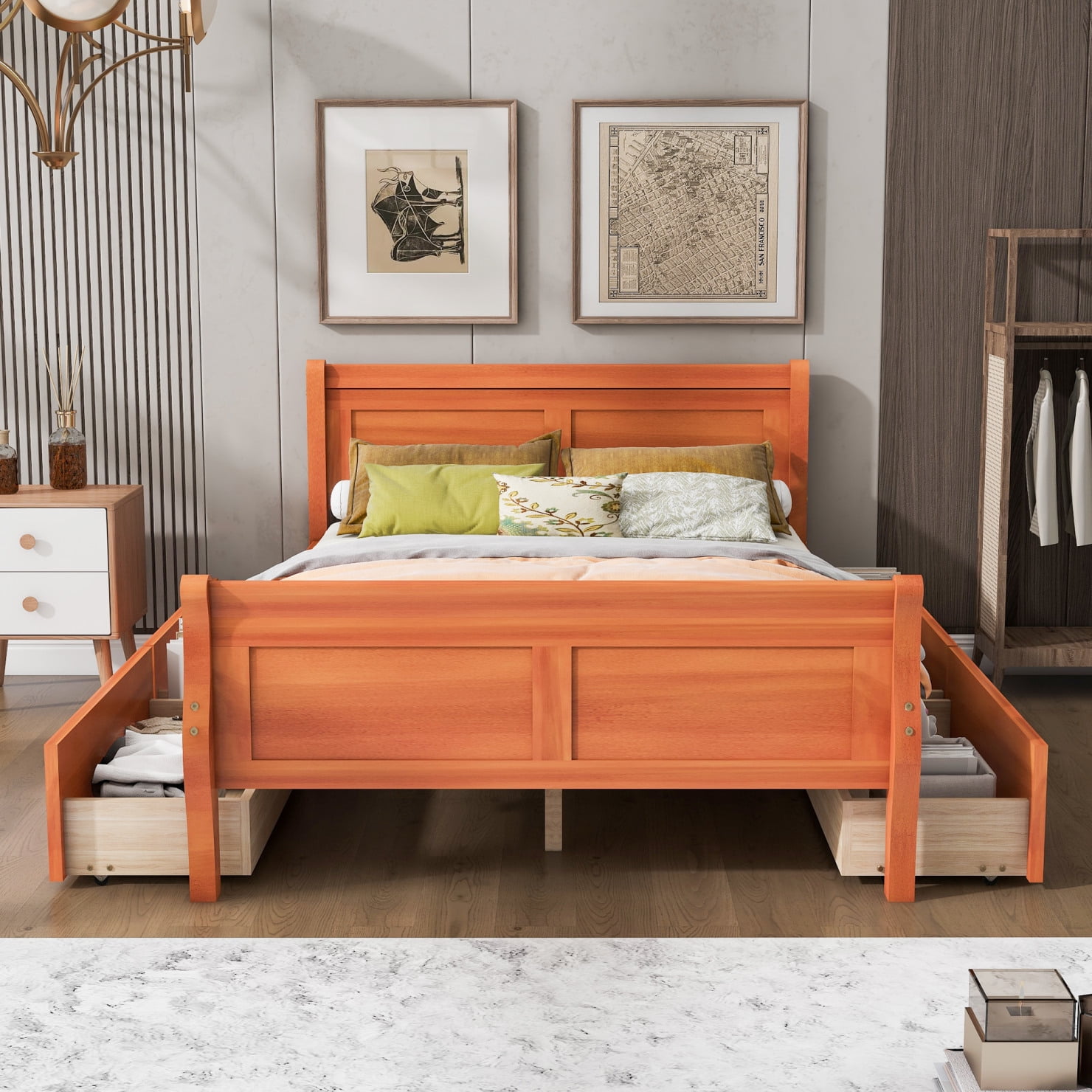 Full Size Platform Bed with 4 Drawers, Wooden Sleigh Bed with ...