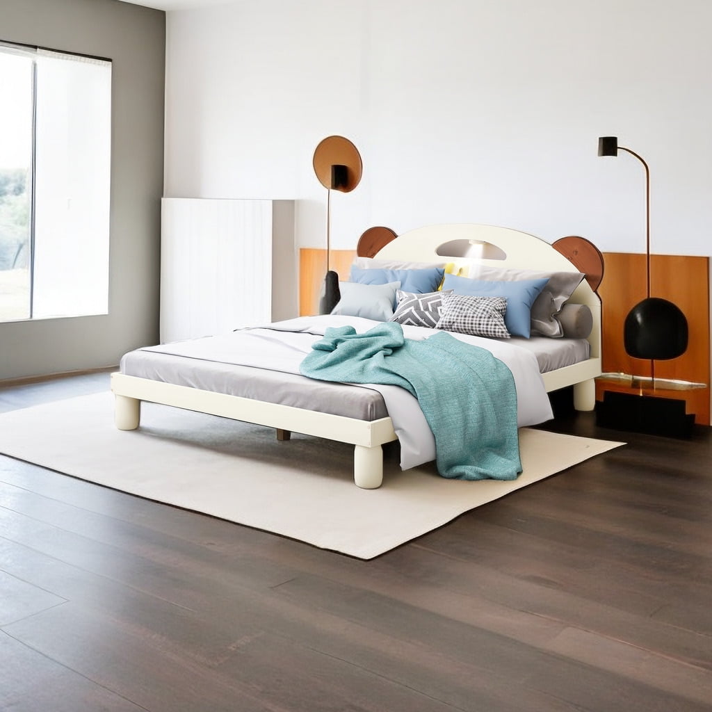 Full Size Platform Bed with Bear Ears Shaped Headboard and Mduction LED ...