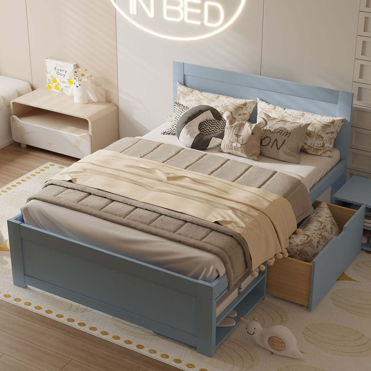 Full Size Platform Bed, Bed Frame With Drawer And Two Shelves, Bed Slat ...