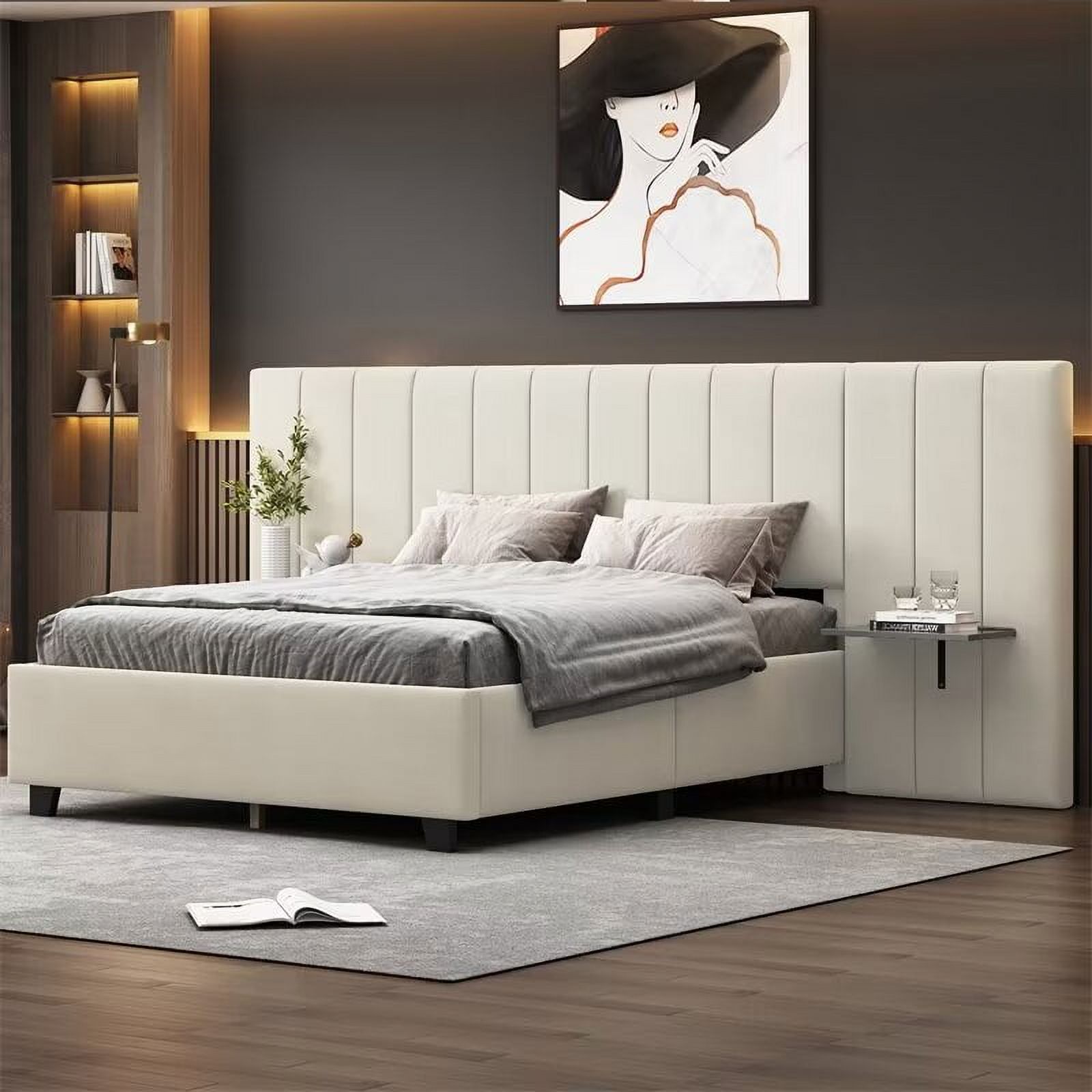 Full Size Platform Bed with Big Headboard, Velvet Upholstered Bed Frame ...