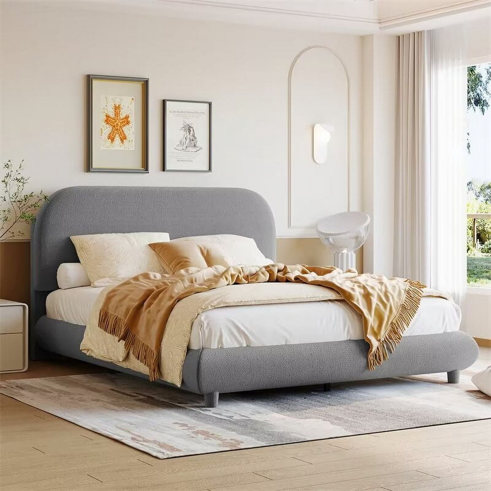 Full Size Platform Bed with Curve-shaped Headboard, Teddy Fleece ...