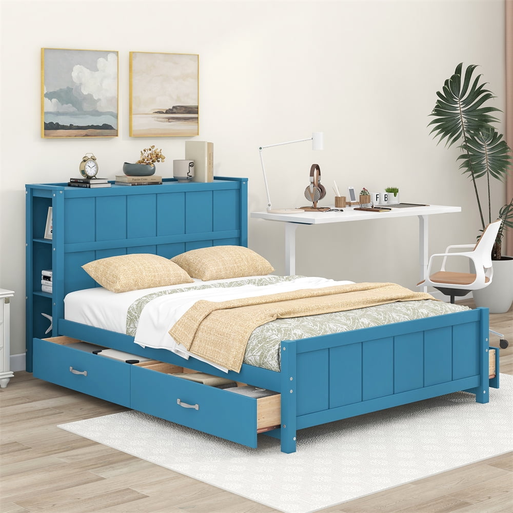 Full Size Platform Bed with Four Drawers for Kids Girls Boys, Wood ...