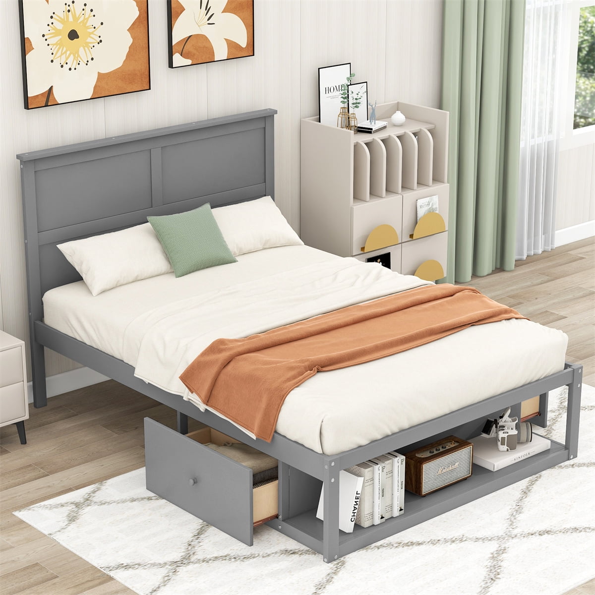 Full Size Platform Bed Frame with 2 Integrated Storage Drawers & 1 ...
