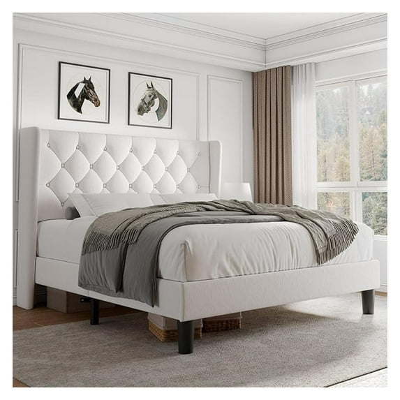 Full Size Platform Bed Frame with Button Tufted Headboard, Upholstered ...