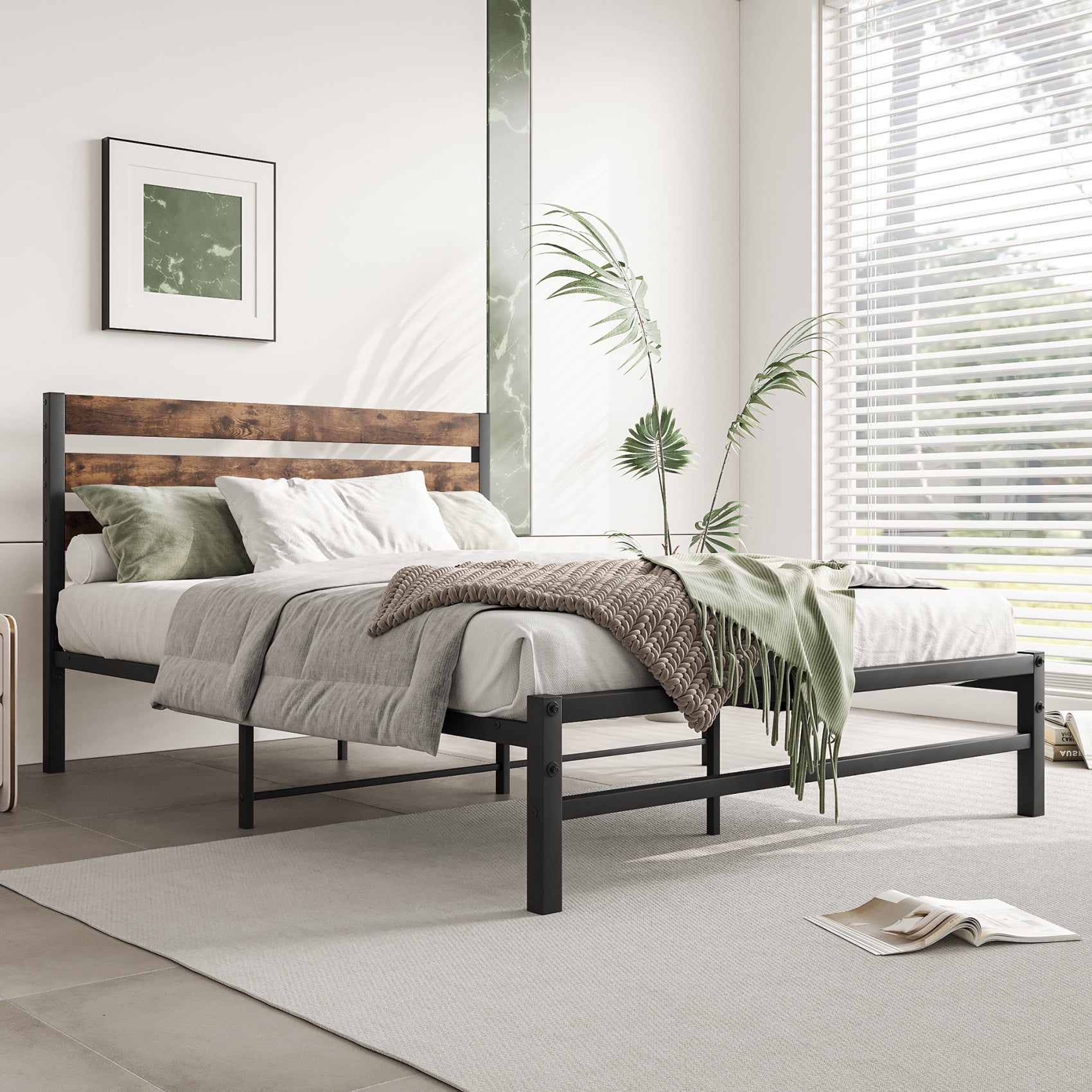 Full Size Platform Bed Frame with Headboard & Under-Bed Storage Space ...
