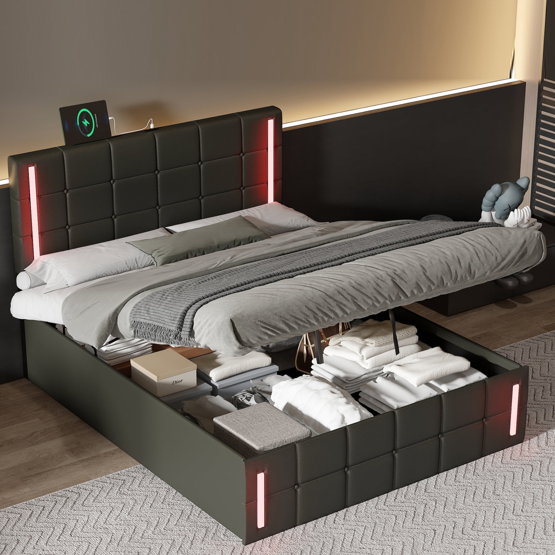 Full Size Platform Bed Frame with Lift Up Storage Space , Modern PU ...