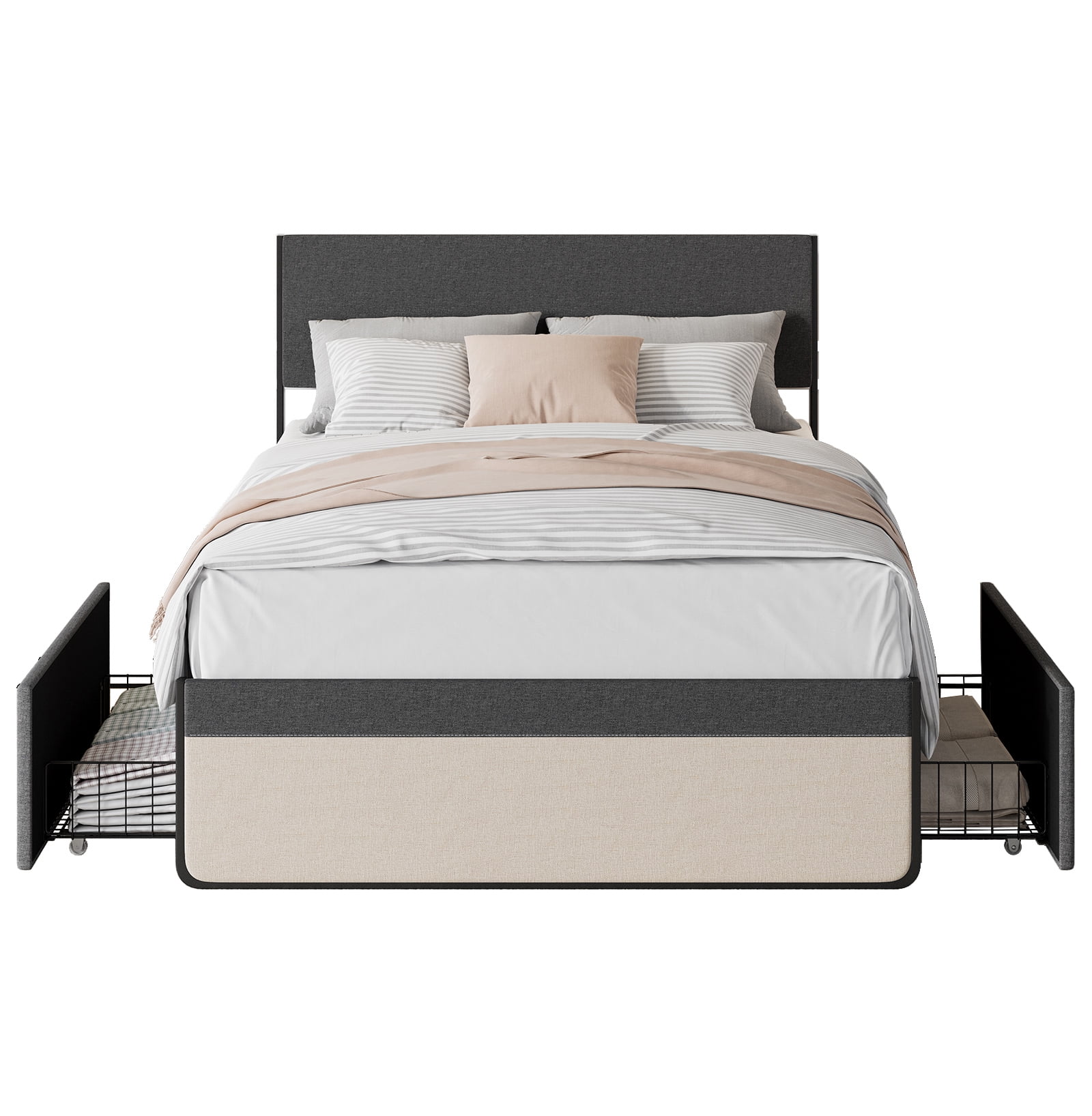 Full Size Platform Bed Frame Linen Headboard - No Box Spring Needed ...