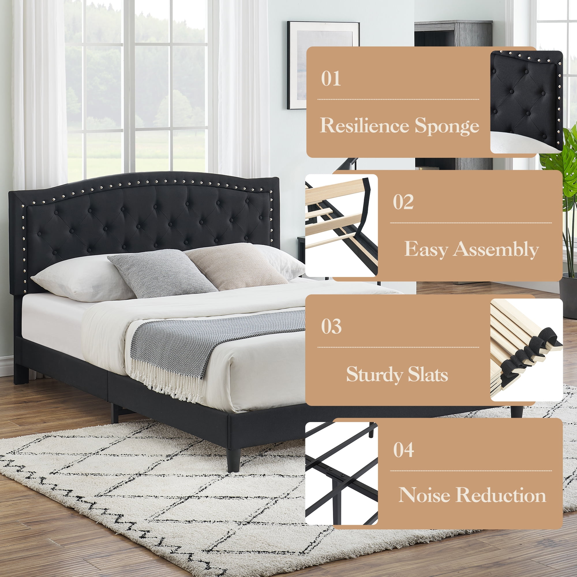 Full Size Platform Bed Frame, Modern Gray Upholstered Bed Frame with a ...