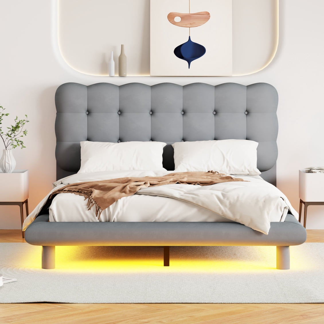 Full Size Platform Bed Frame, Modern Velvet Platform Bed with LED Light ...