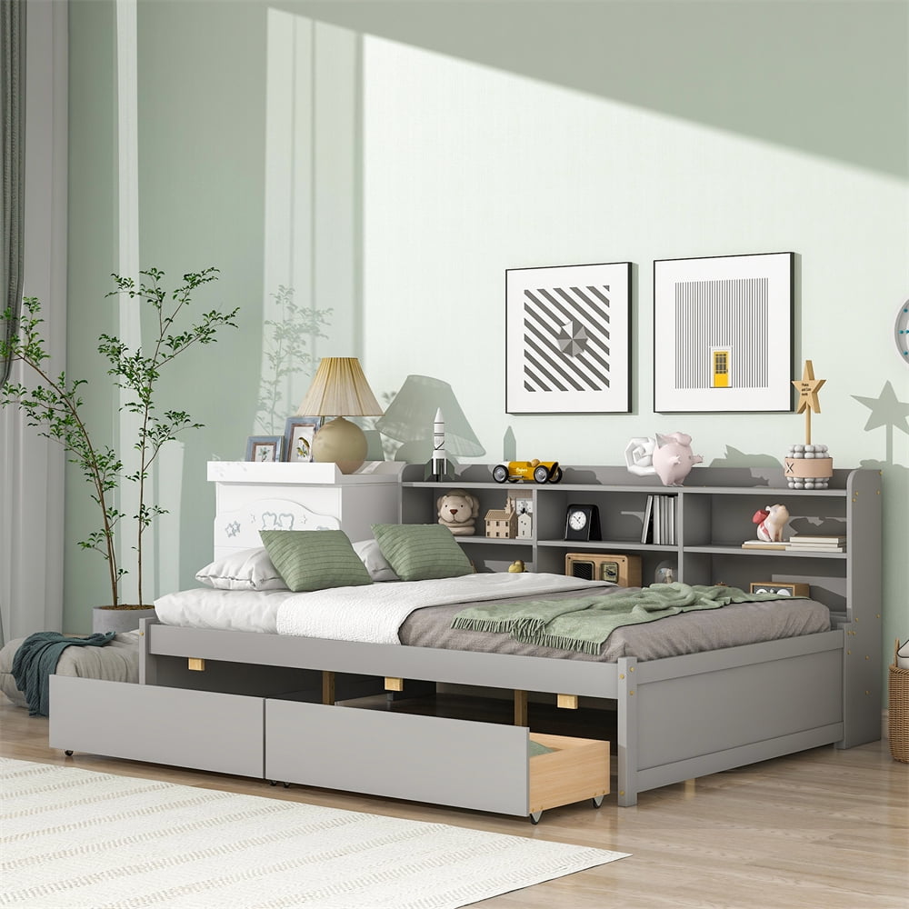 Full Size Platform Bed Frame with Side Bookcases and 2 Drawers, Wooden ...