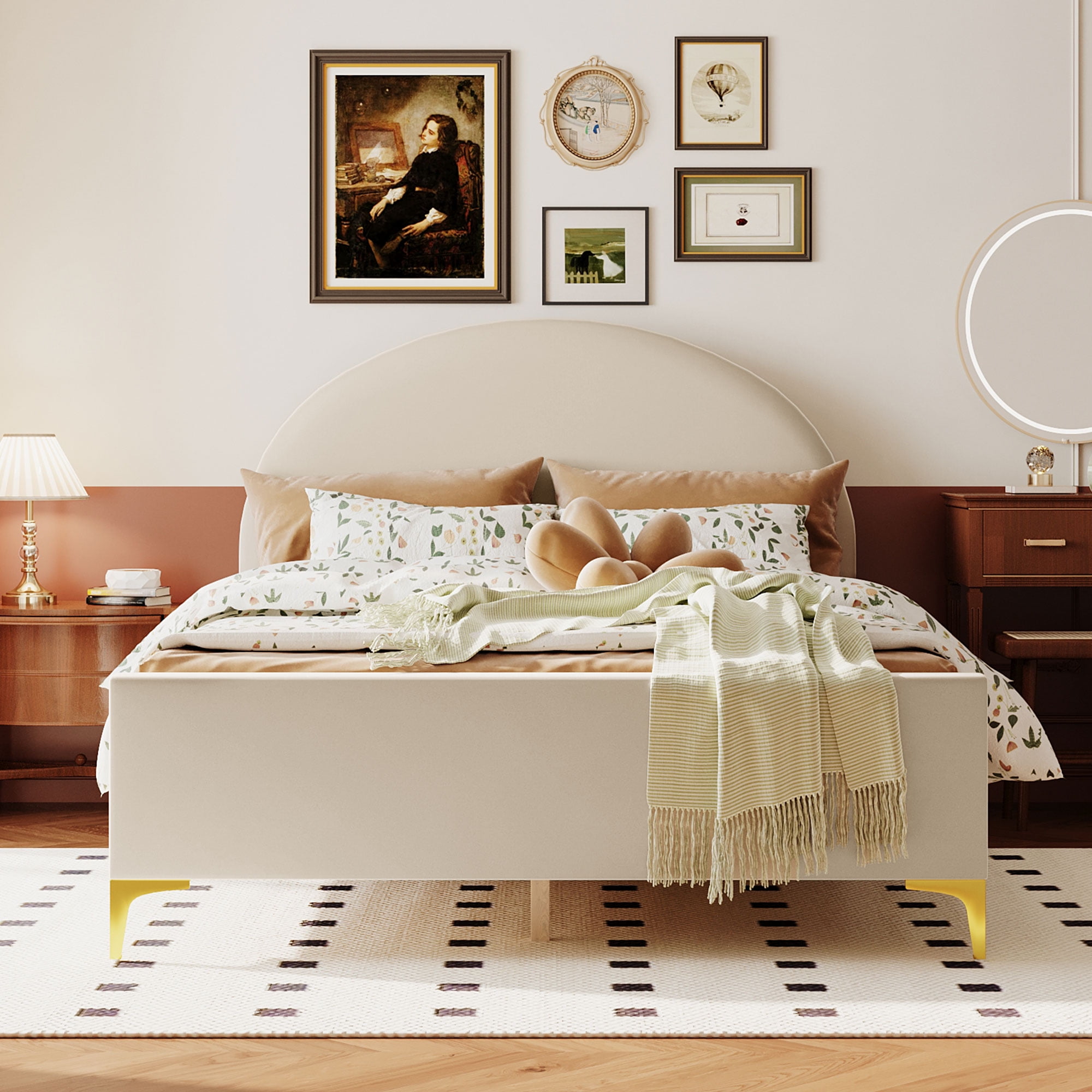 Full Size Platform Bed Frame With Semi-circle Shaped Upholstered ...