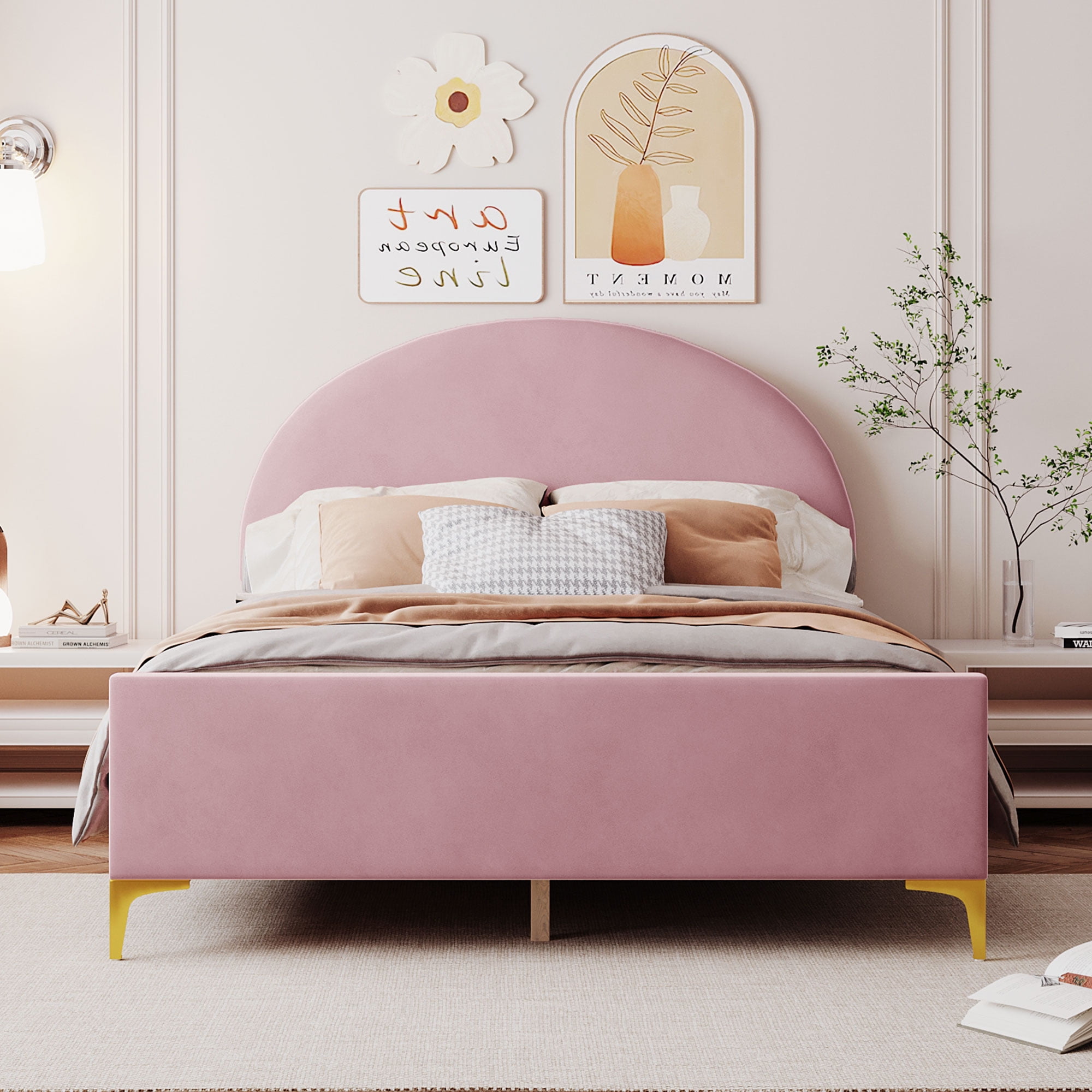 Full Size Platform Bed Frame With Semi-circle Shaped Upholstered ...