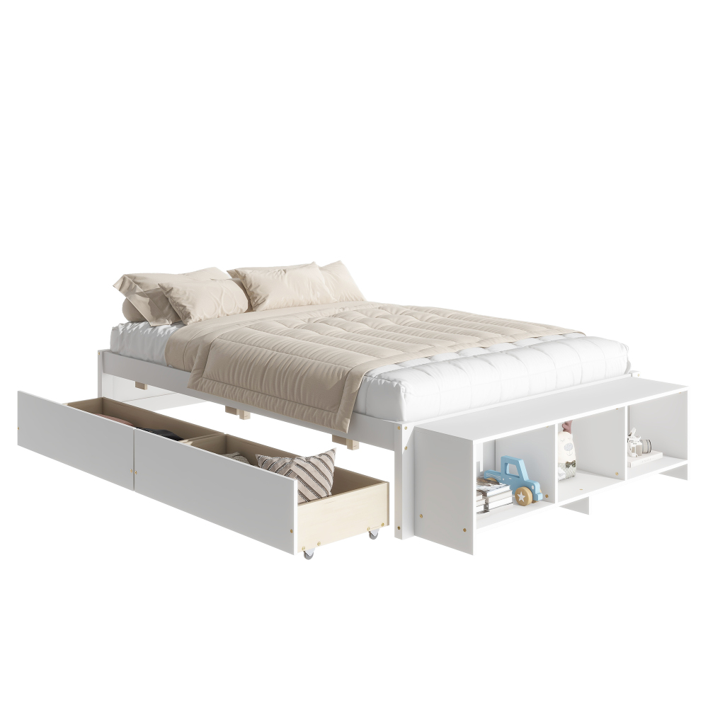 Full Size Platform Bed Frame with 2 Storage Drawers, Pine Wood Bed ...