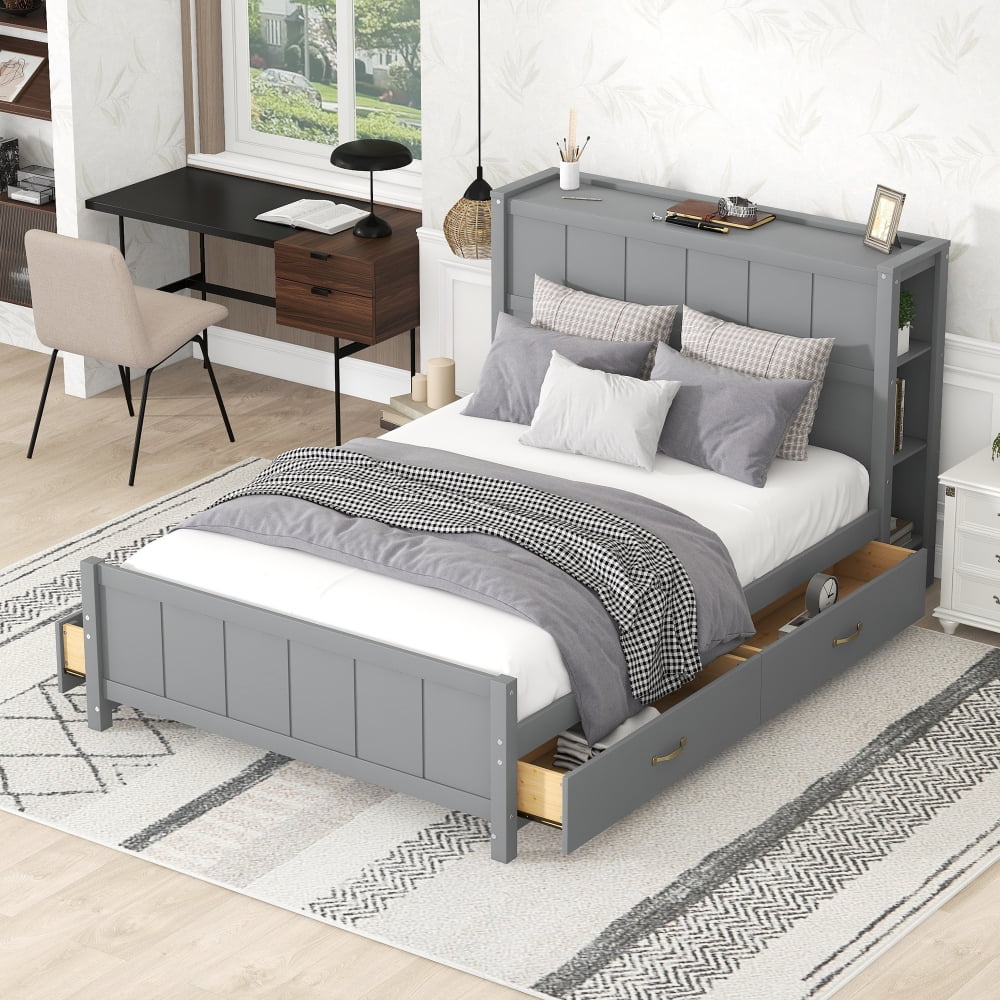 Full Size Platform Bed Frame with Drawers and Storage Shelves, Gray ...