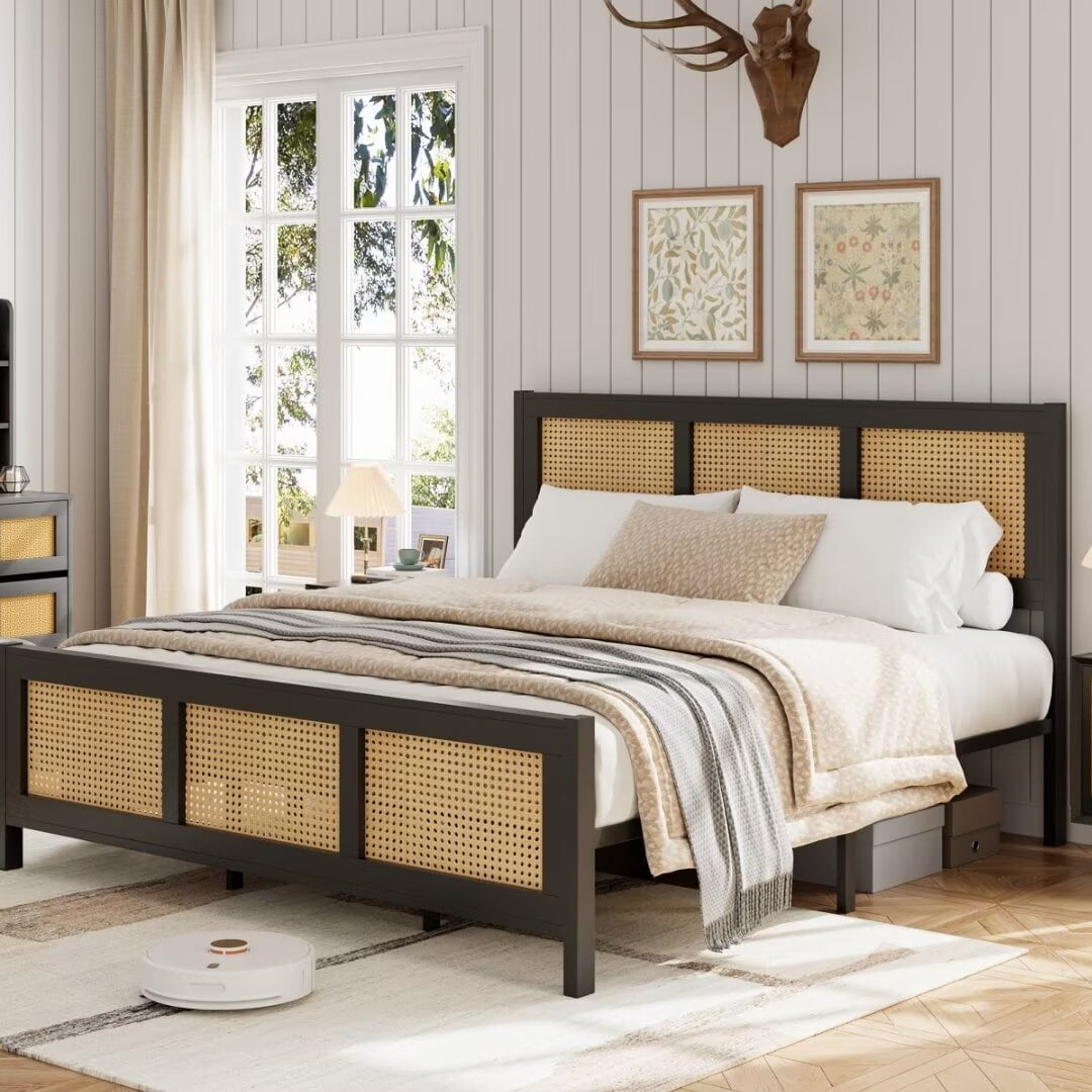 Full Size Platform Bed Frame with Rattan Headboard, Black Boho Cane Bed ...
