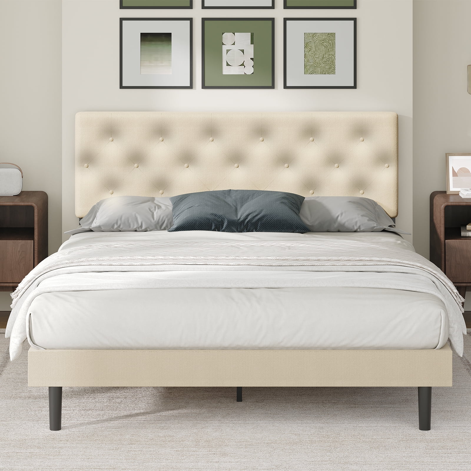 Full Size Platform Bed Frame with Velvet Upholstered Headboard, Button ...