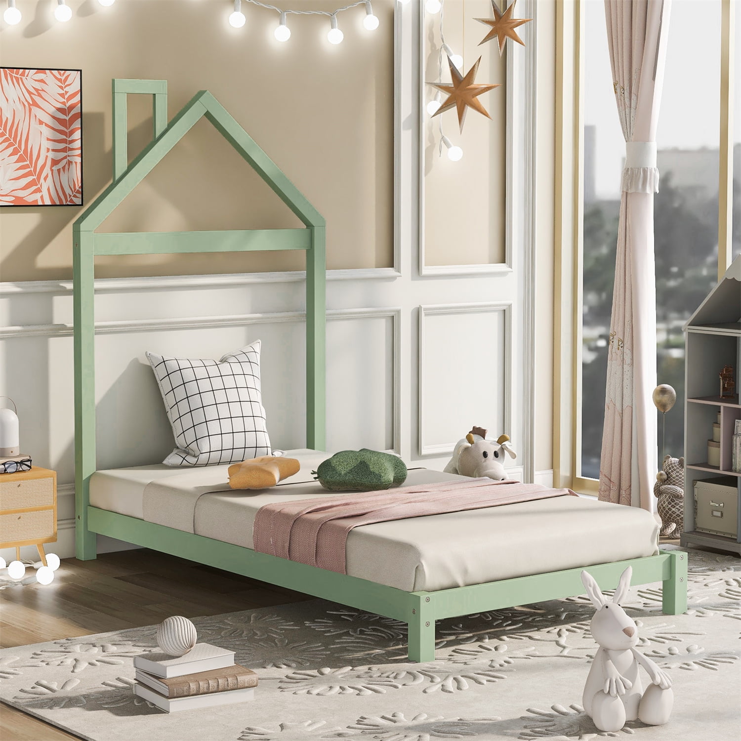 Full Size Platform Bed with House-shaped Headboard, Wooden Montessori ...