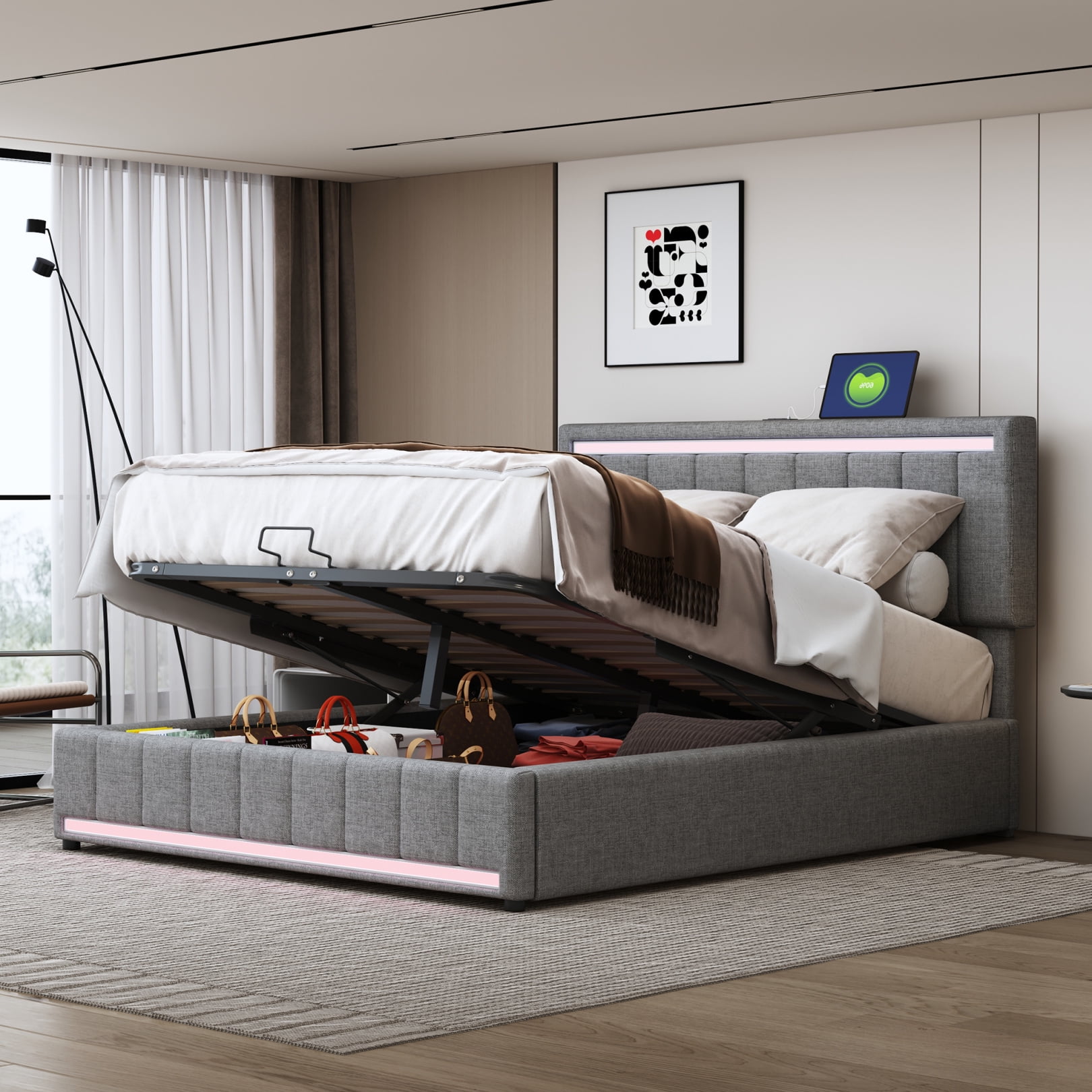 Full Size Platform Bed with Hydraulic Storage System, Linen Fabric ...