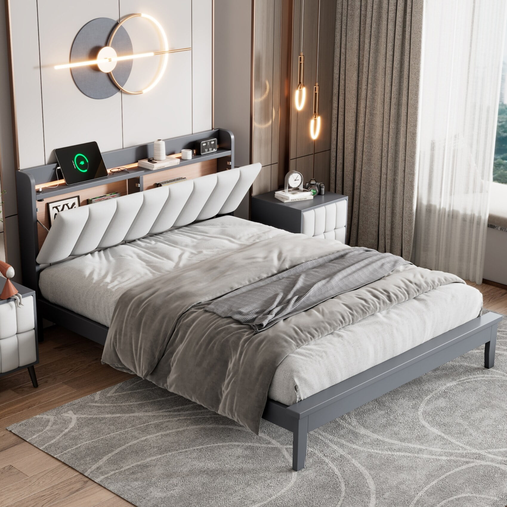 Full Size Platform Bed,LED Bed Frame with USB Charging Station and ...