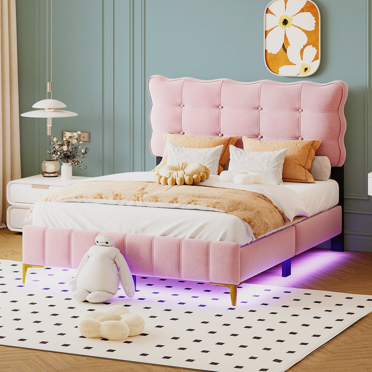 Full Size Platform Bed with LED Lights, Velvet Upholstered Bed with ...