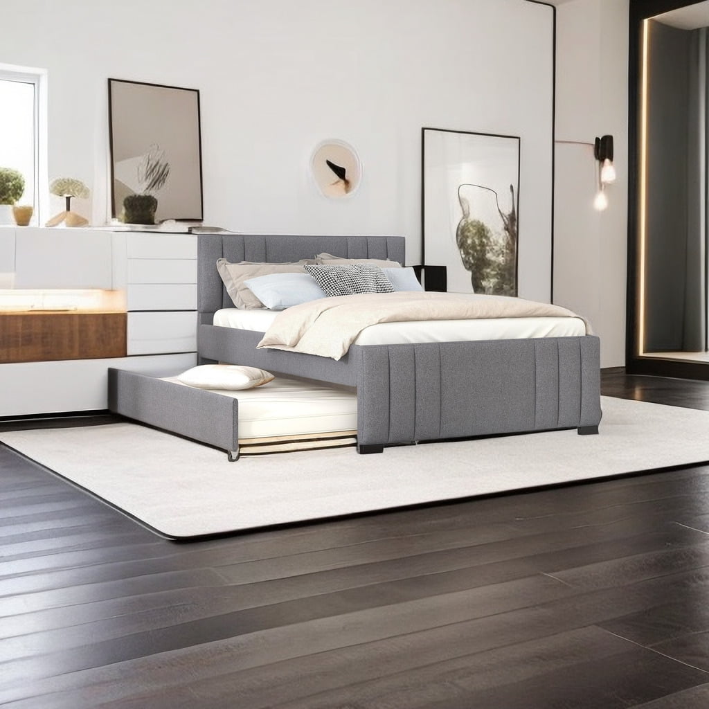 Full Size Platform Bed, Linen Upholstered Platform Bed Frame with Pull ...