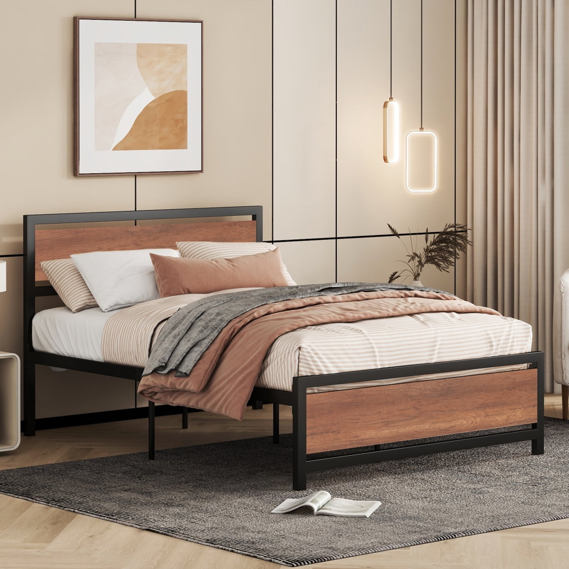 Full Size Platform Bed,Metal Platform Bed Frame with Wood Headboard and ...