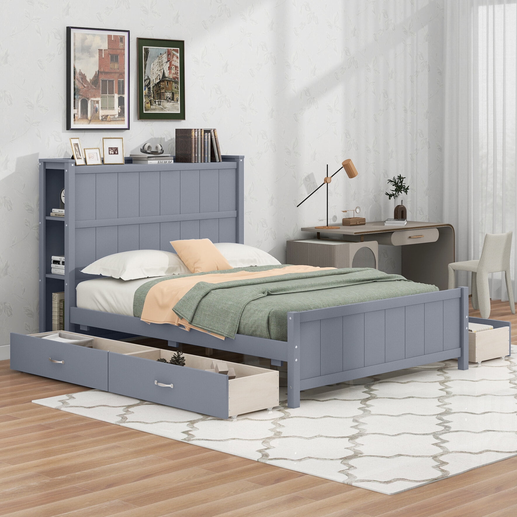 Full Size Platform Bed, Modern Multi-Function Low Storage Bed Frame ...
