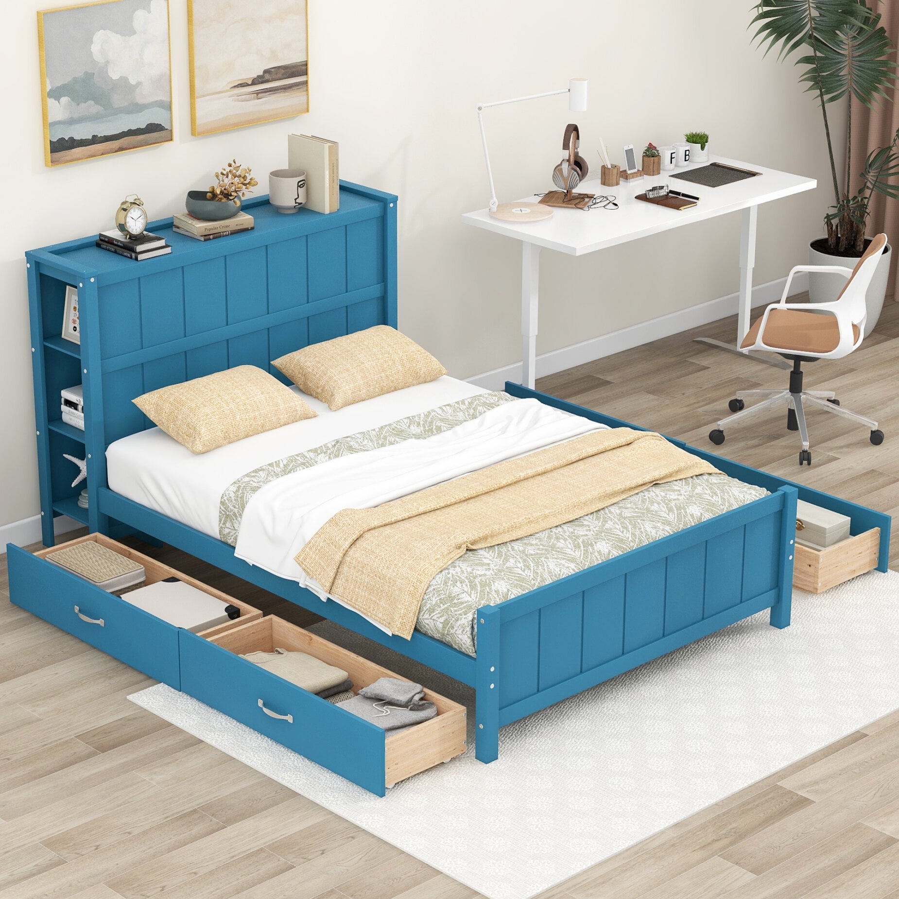 Full Size Platform Bed, Modern Multi-Function Storage Bed Frame with ...