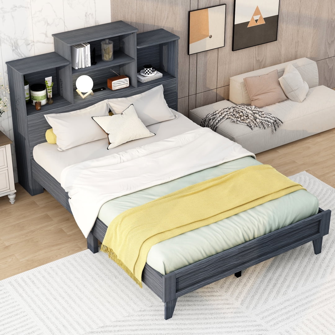 Full Size Platform Bed, Modern Multi-Functional Solid Wood Storage Bed ...