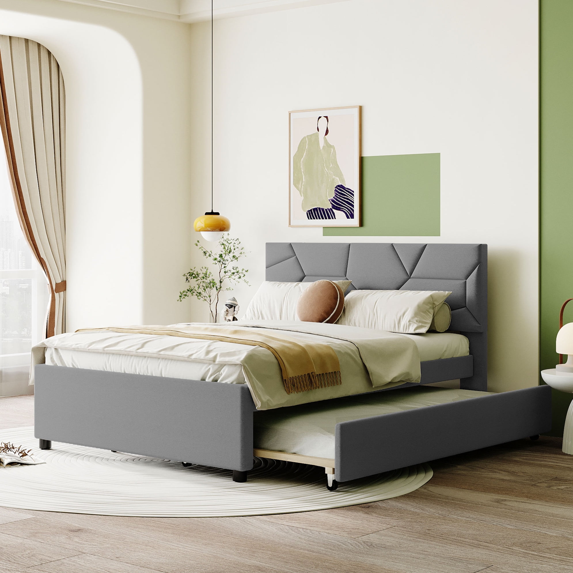 Full Size Platform Bed, Modern Multi-functional Bed Frame with Linen ...