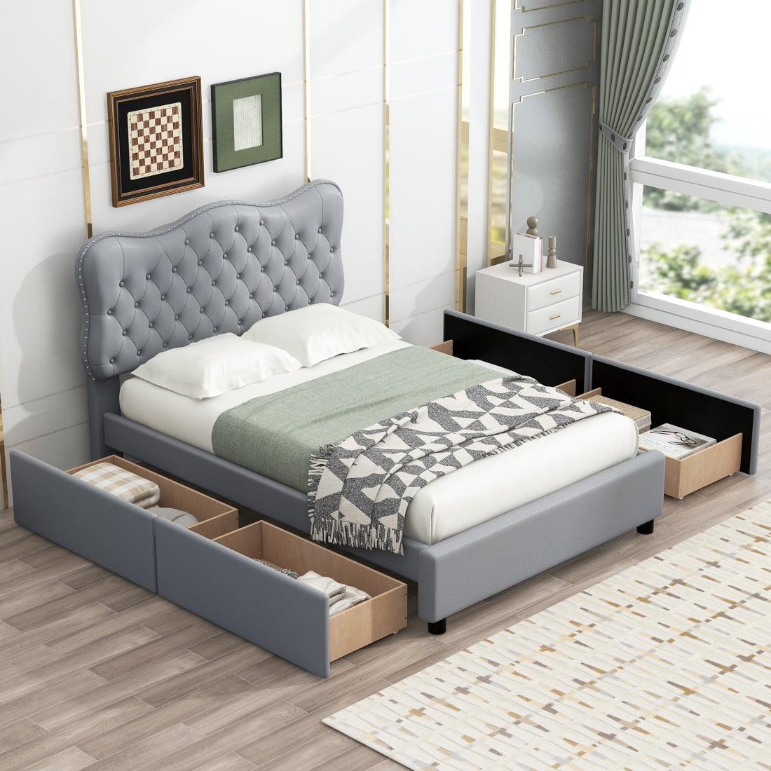 Full Size Platform Bed, Modern PU Leather Upholstered Storage Bed Frame ...