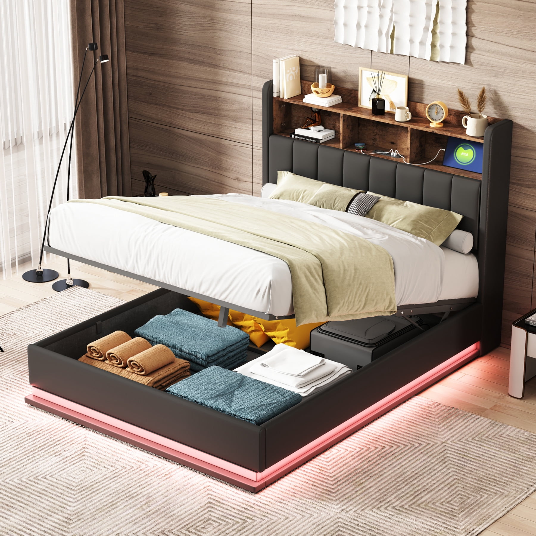 Full Size Platform Bed, Modern Wooden Upholstered Bed Frame with ...